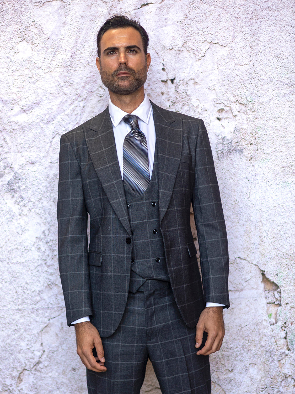MANZINI MGM Men's 3-Piece Tailored Fit Plaid Business Suit Charcoal ...