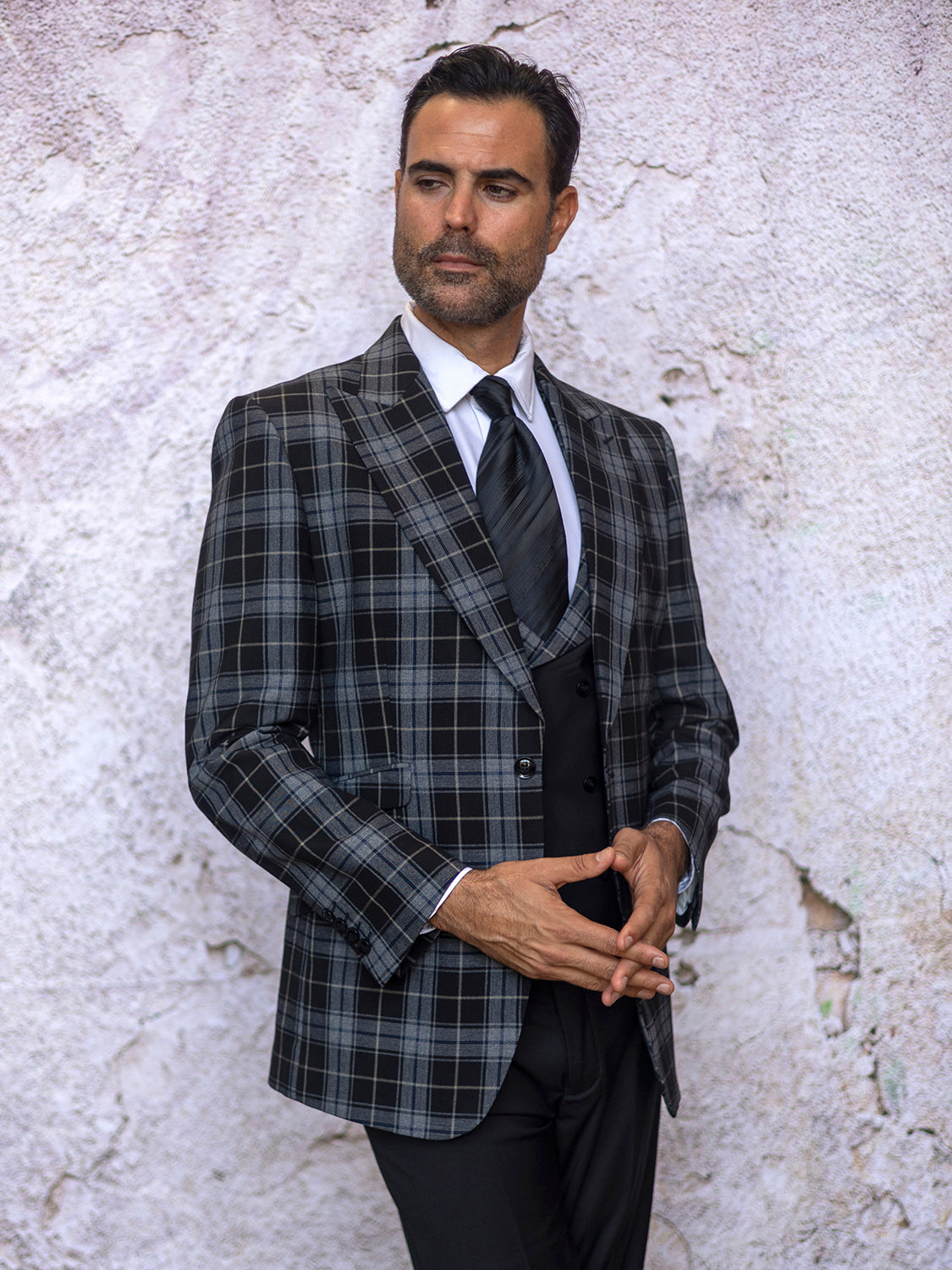 MANZINI PARIS-3 Men's 3-Piece Tailored-Fit Plaid Business Suit Black ...