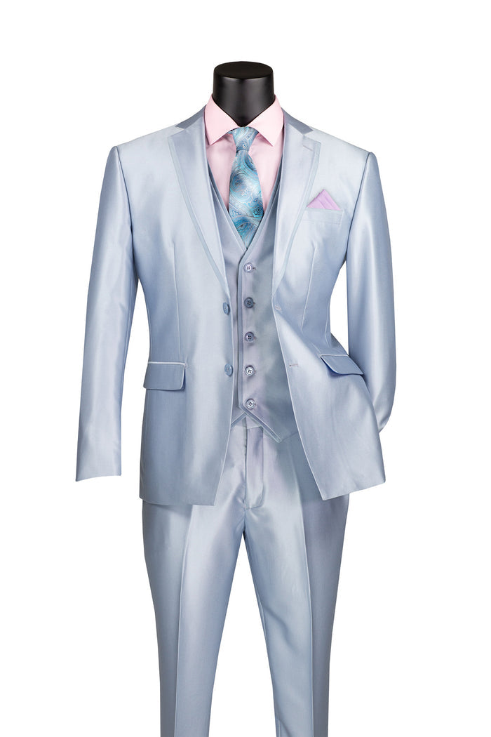 Slim Fit 3 Piece Satin Suit Ice Blue SV2D-1 – Unique Design Menswear